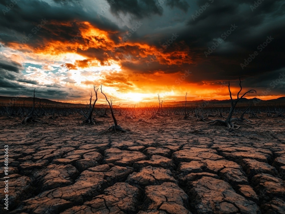 A desert landscape with withering plants under a dark sky, representing ...