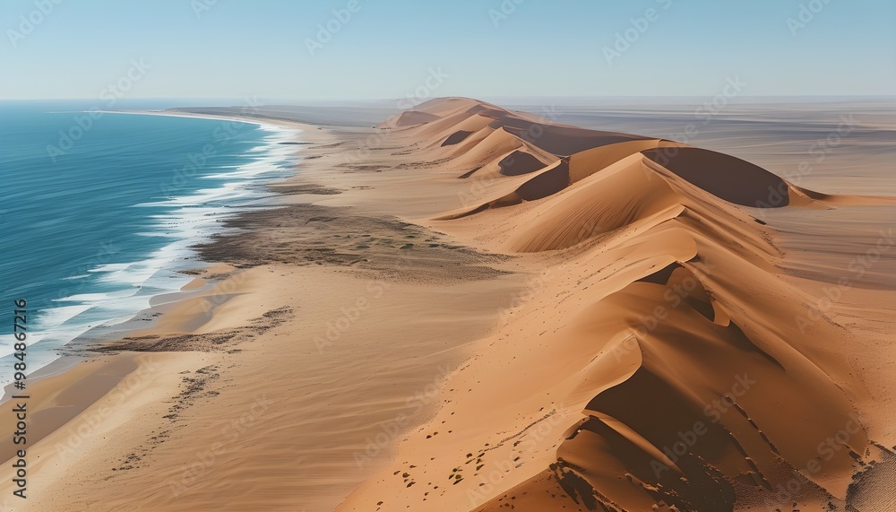 Aerial view of Namibian dunes along the shoreline of Swakopmund in the ...