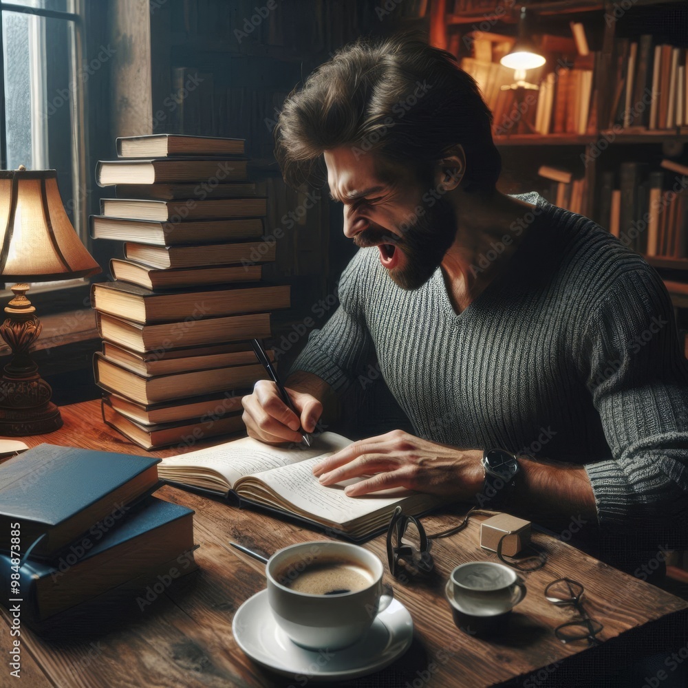 A frustrated man intensely writing in a notebook, surrounded by a pile ...
