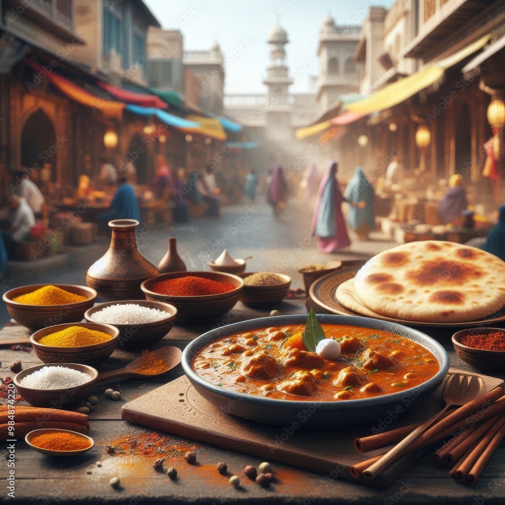 A mouthwatering Indian curry with naan bread is set against the ...