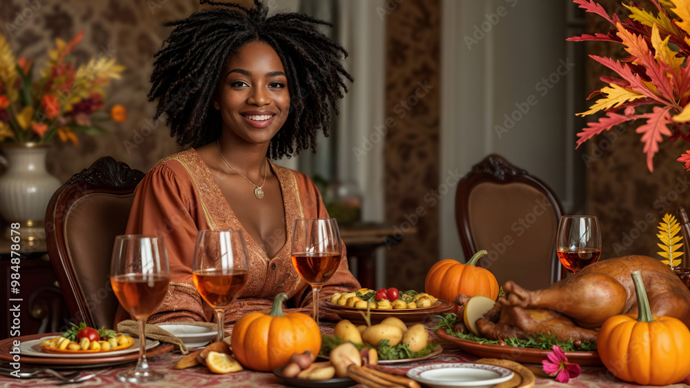 Smiling african american young woman with big afro at a Thanksgiving ...