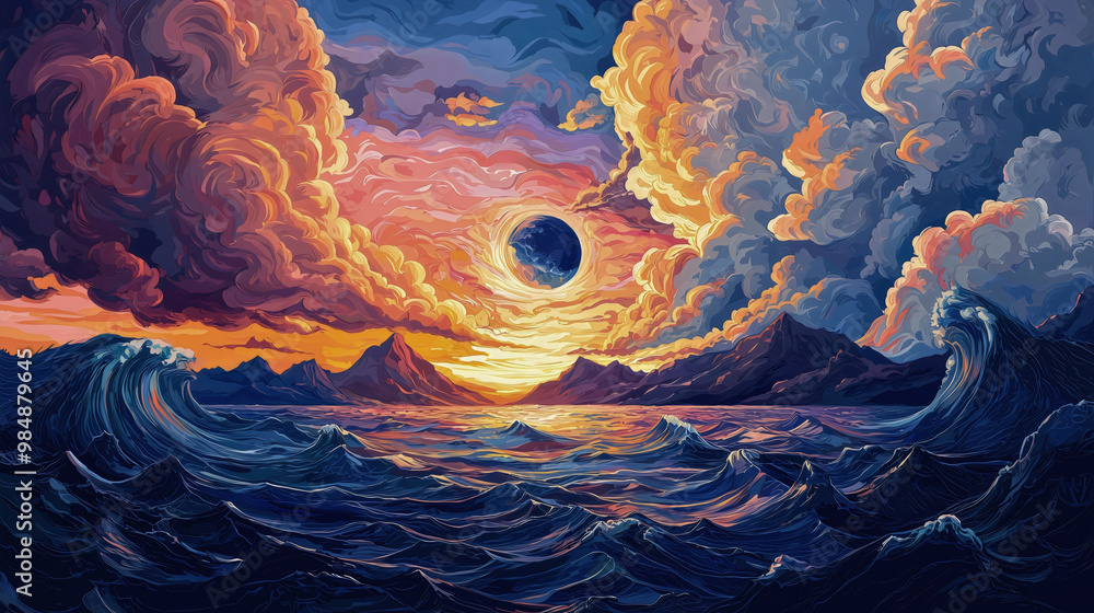 The image depicts God's creation of the seas, mountains, and clouds ...