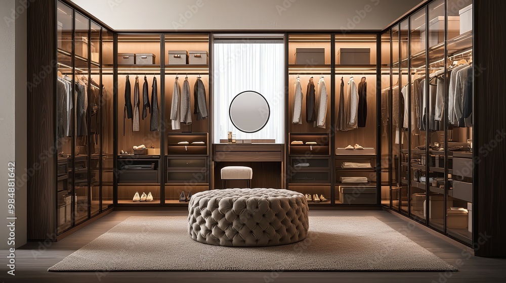 Symmetrical Luxury Modern Walk-in Closet with Tufted Ottoman, Dark Wood ...