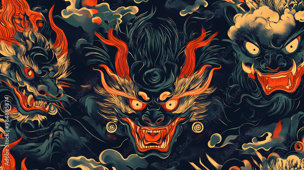 ภาพประกอบสต็อก Seamless pattern of japanese ukiyo-e hand drawing ...