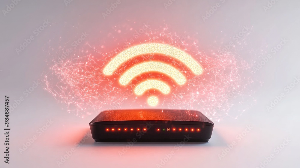A Wi-Fi router emitting digital signal waves, with a glowing Wi-Fi icon ...