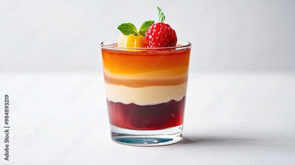 An elegant image of a layered jelly dessert in a clear glass, featuring ...