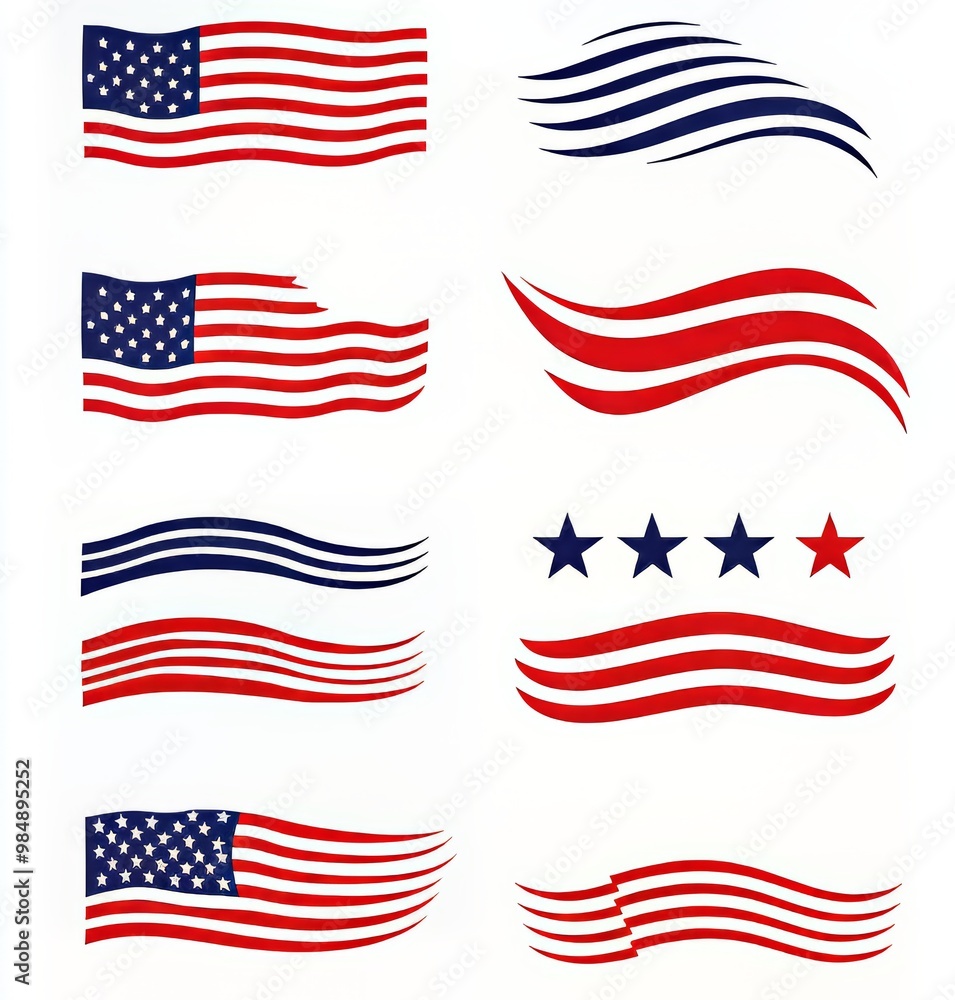 Collection of artistic American flag designs with flowing elements in ...