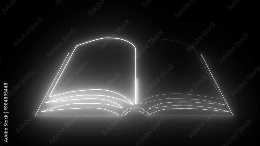 Open book icon animation. Neon glowing white book icon animation in ...