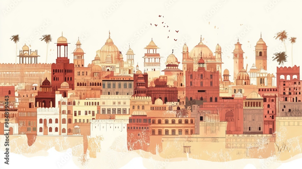 Hand-drawn illustration showcasing the famous architectural landmarks ...