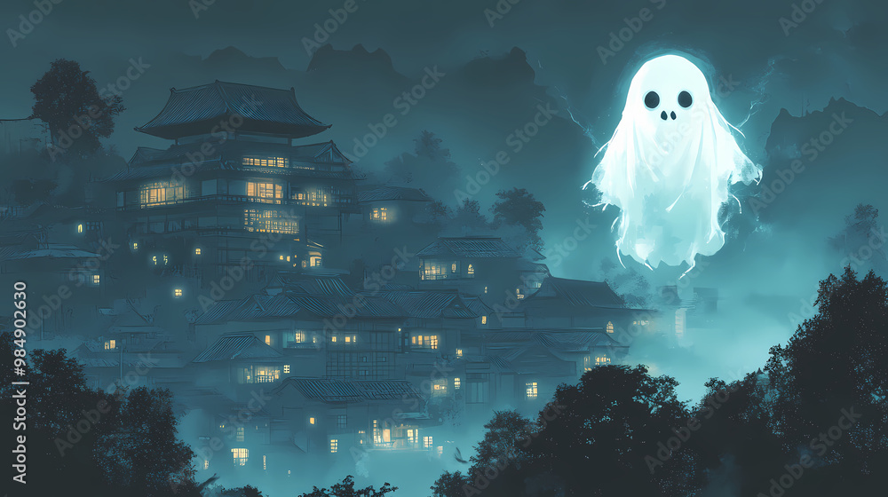 Traditional japanese yokai ghost with a haunting expression, floating ...