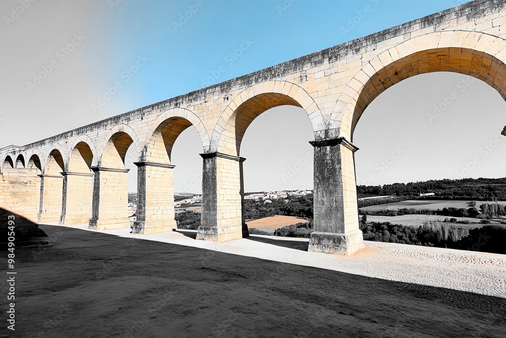 Shadows cast by the arches of the aqueduct, adding depth and contrast ...