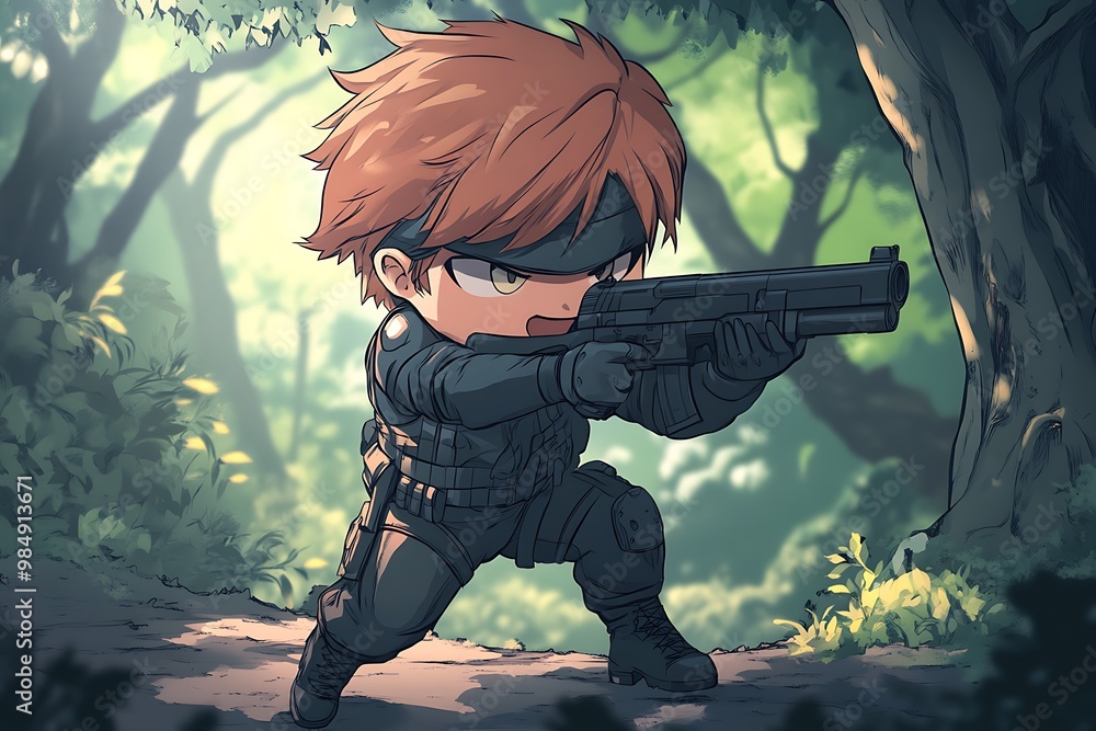 Chibi soldier with gun in jungle. Cute anime style character, video ...
