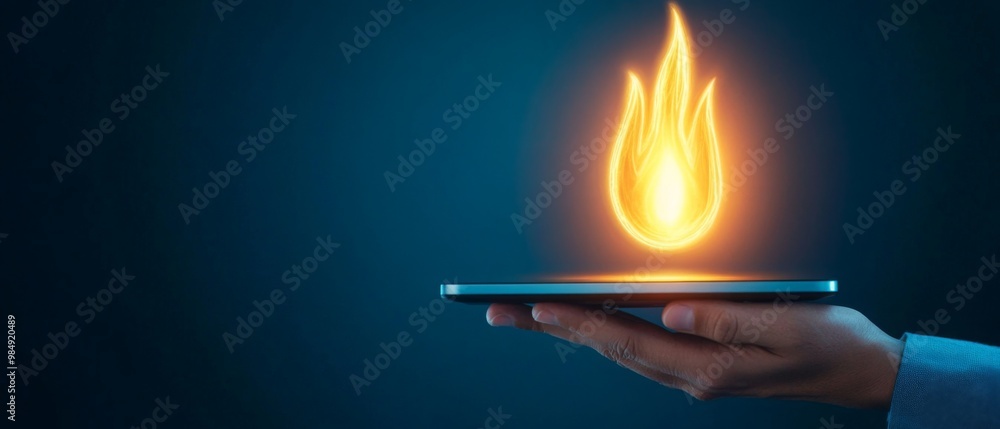 flame fire icon emerging from a digital tablet, Smart Heat and Energy ...