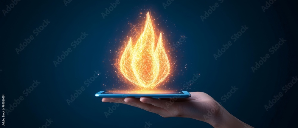 flame fire icon emerging from a digital tablet, Smart Heat and Energy ...