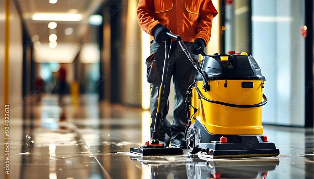 Professional cleaning of a commercial floor by a diligent worker using ...