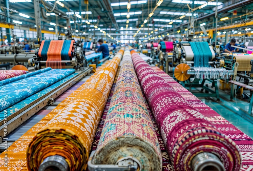 Textile Factory Interior. Colorful fabric rolls and industrial weaving ...