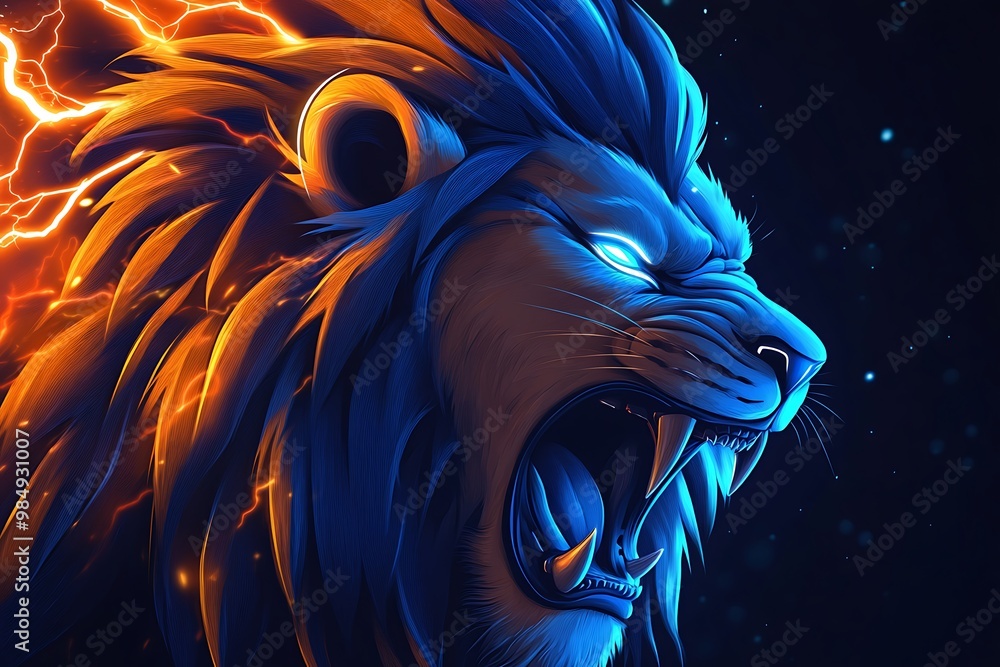 Roaring blue and orange lion with electric mane on dark background ...