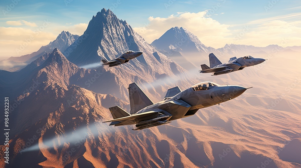Group of fighter jets flying in formation in the sky above a mountain ...