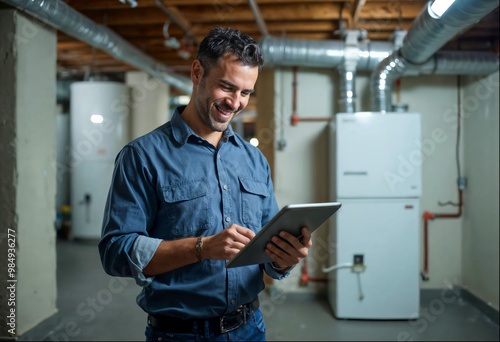 Happy homeowner plumber, HVAC technician, man using a mobile phone ...