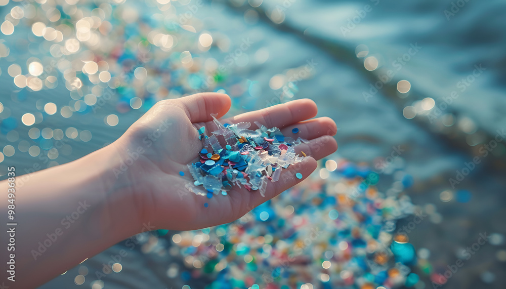 Close up side shot of microplastics lay on people hand.Concept of water ...