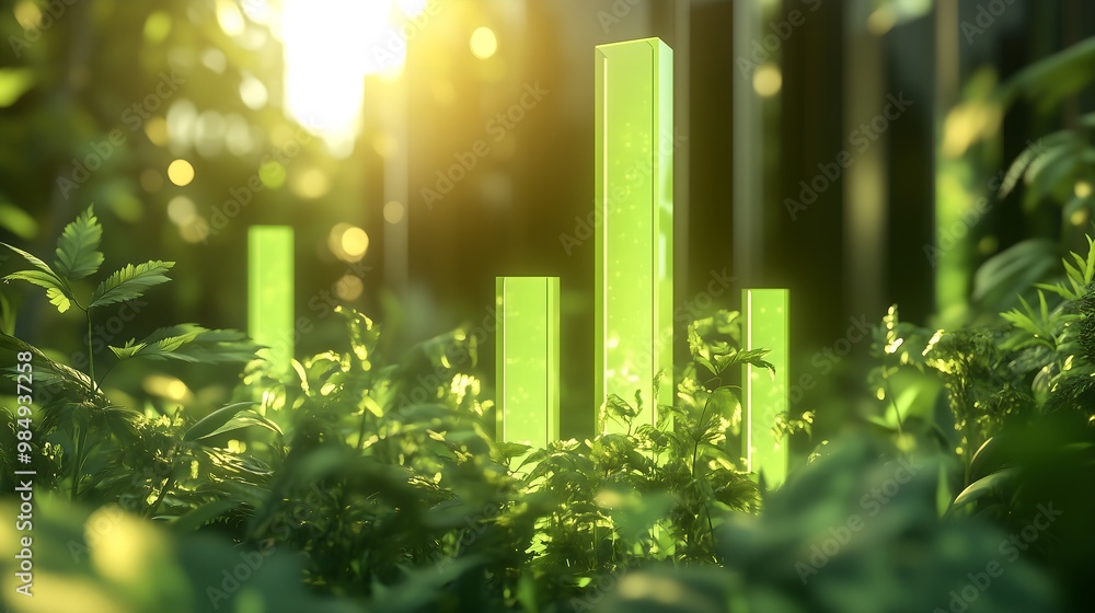 Green bar graphs rise among lush foliage, symbolizing economic progress ...