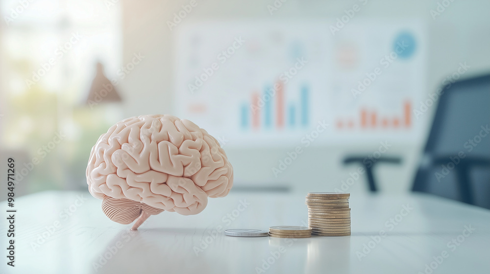 detailed brain model placed next to a stack of coins on a sleek office ...