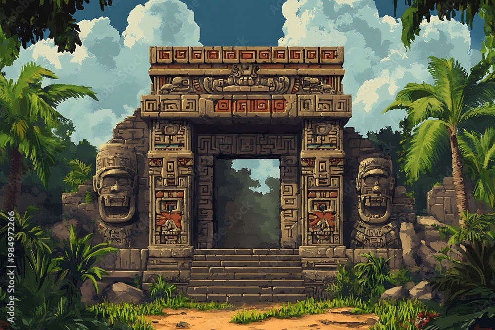 Ancient Mayan Ruins in Jungle with Stone Archway and Carved Faces Stock ...