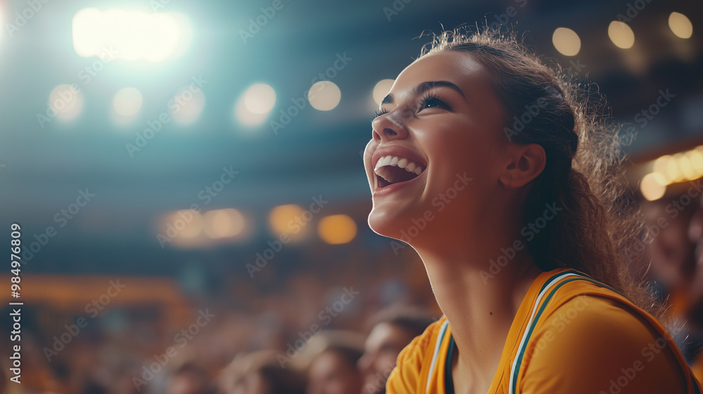 A beautiful woman wearing a vibrant NBA uniform, sitting joyfully in ...