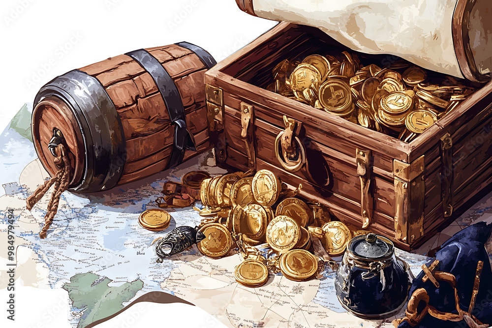 Treasure Chest with Gold Coins, Wooden Barrel, Map, and Other Pirate ...