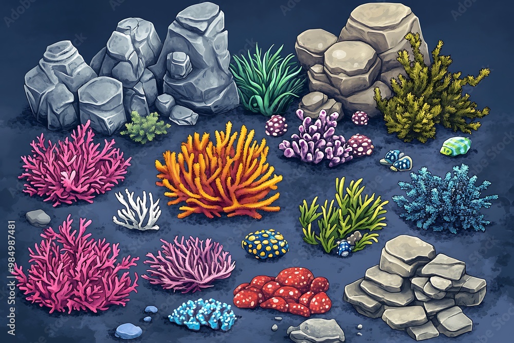 Cartoon Coral Reef, Rocks, and Seaweed Game Assets Stock Illustration ...