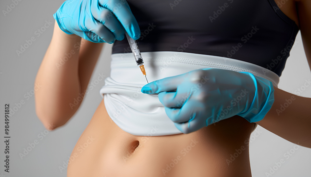 woman putting a hormonal injection in her stomach with pen syringe on a ...