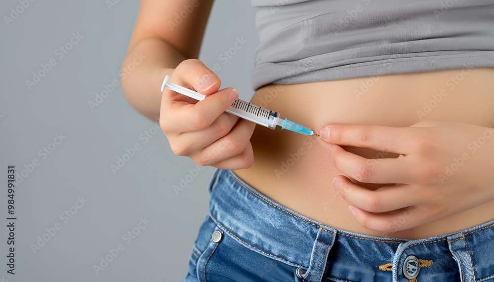 woman putting a hormonal injection in her stomach with pen syringe on a ...