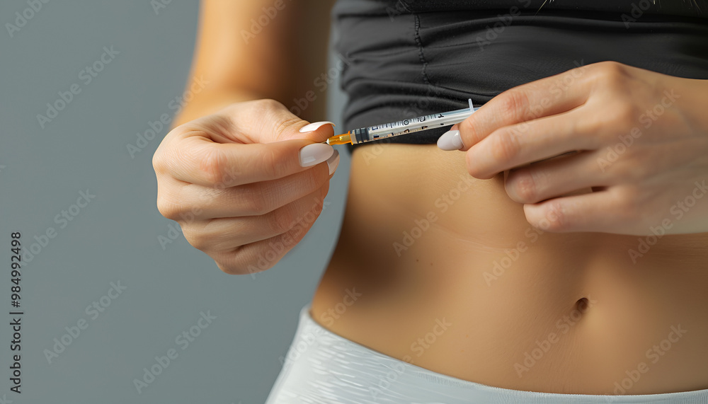 woman putting a hormonal injection in her stomach with pen syringe on a ...