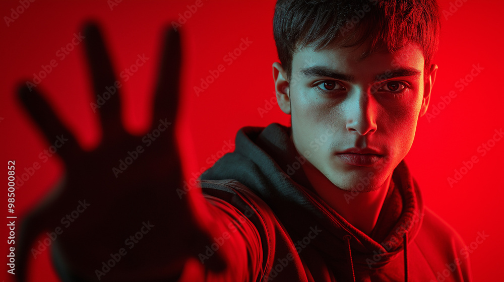 on the right side male student on a single colour background raching ...