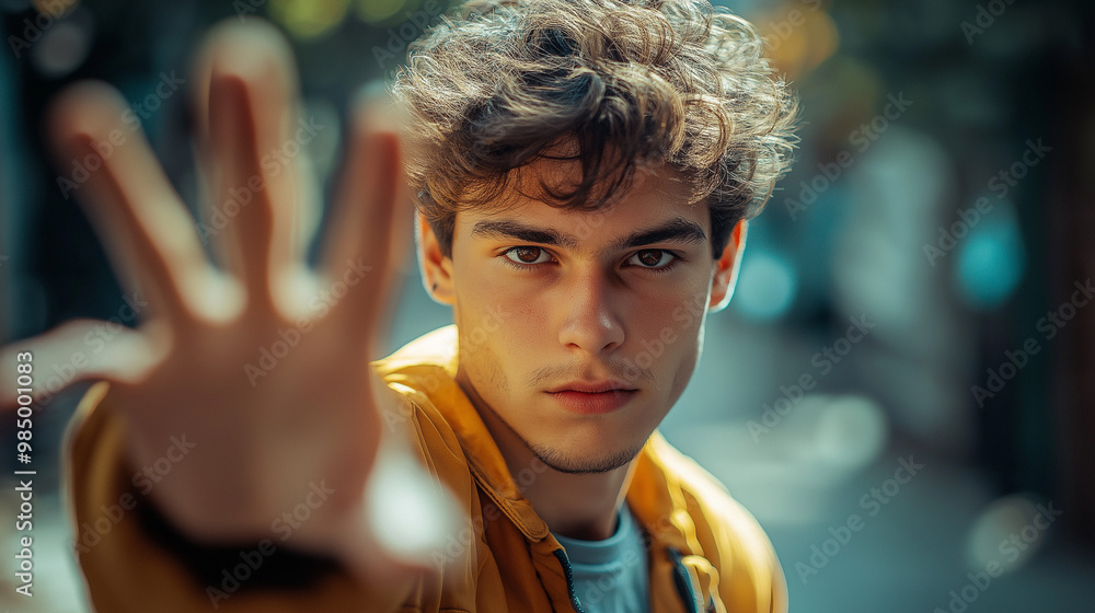 on the right side male student on a single colour background raching ...