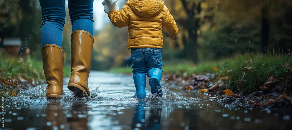 mother and her child wearing rain boots and splashing in puddles during ...