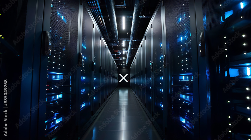 a corridor in a data center, lined with server racks on both sides. The ...