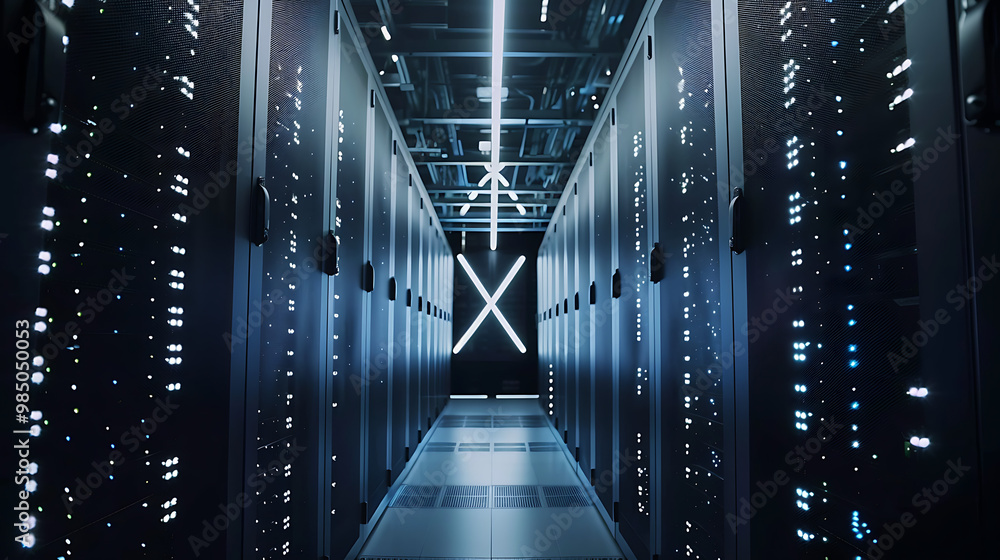 a corridor in a data center, lined with server racks on both sides. The ...