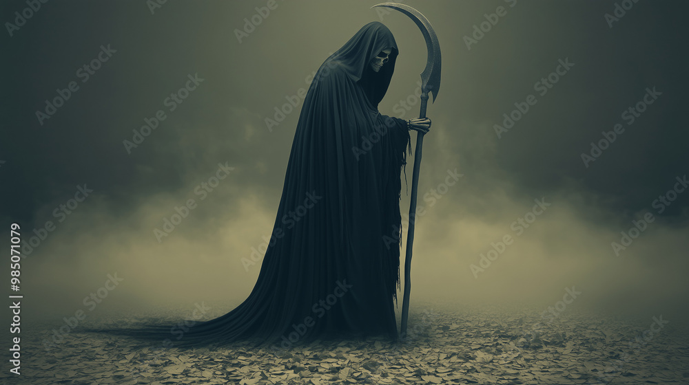 Hooded Grim Reaper with scythe standing in misty field, silent death ...