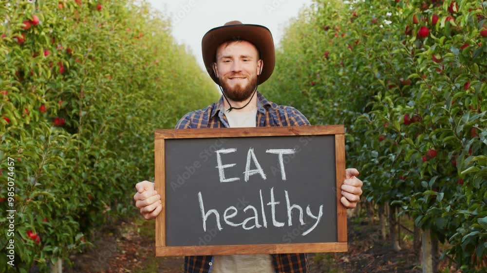 Eat healthy concept. Young positive man gardener showing board with ...