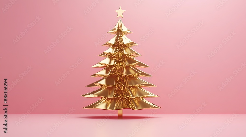 A shiny gold Christmas tree stands out against a pink background. This ...