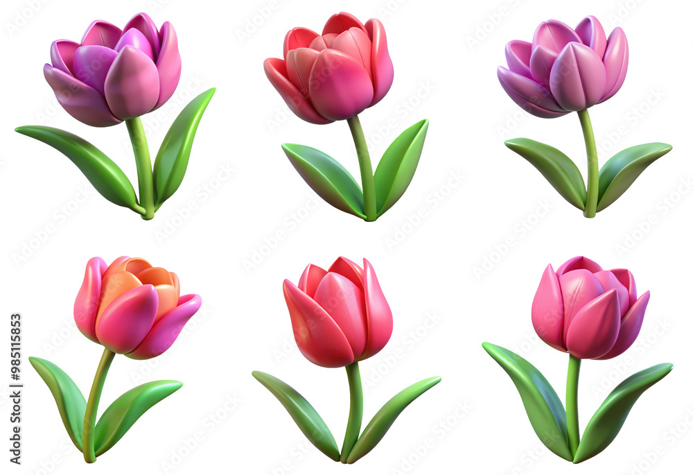 PNG tulip 3d collection, in cartoon style minimal on transparent, white ...