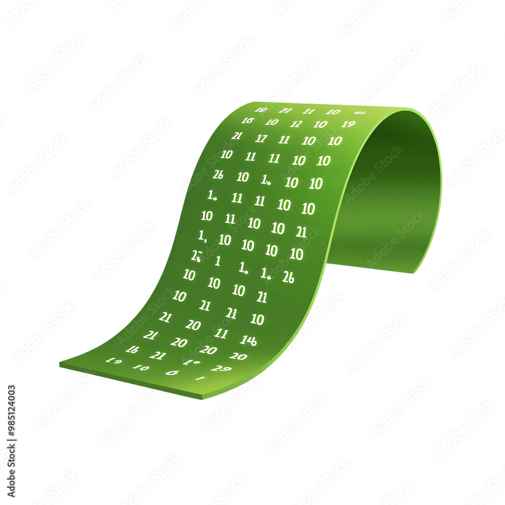 Green flexible paper roll with printed number grid, white isolate ...