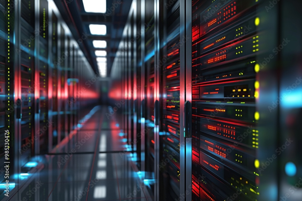 Foto de Data center server room interior featuring rows of rack-mounted ...