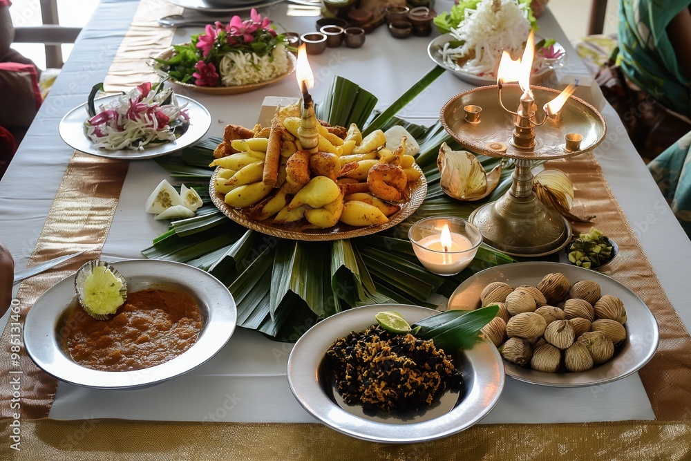 Sri Lankan New Year Avurudu Celebrations table with traditional food ...