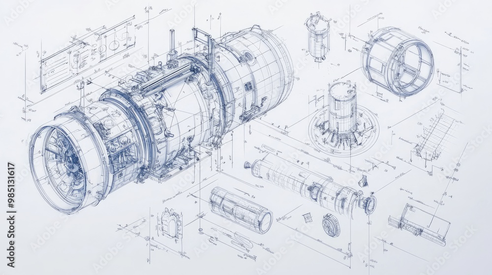 Detailed technical drawing of a jet engine with various components ...