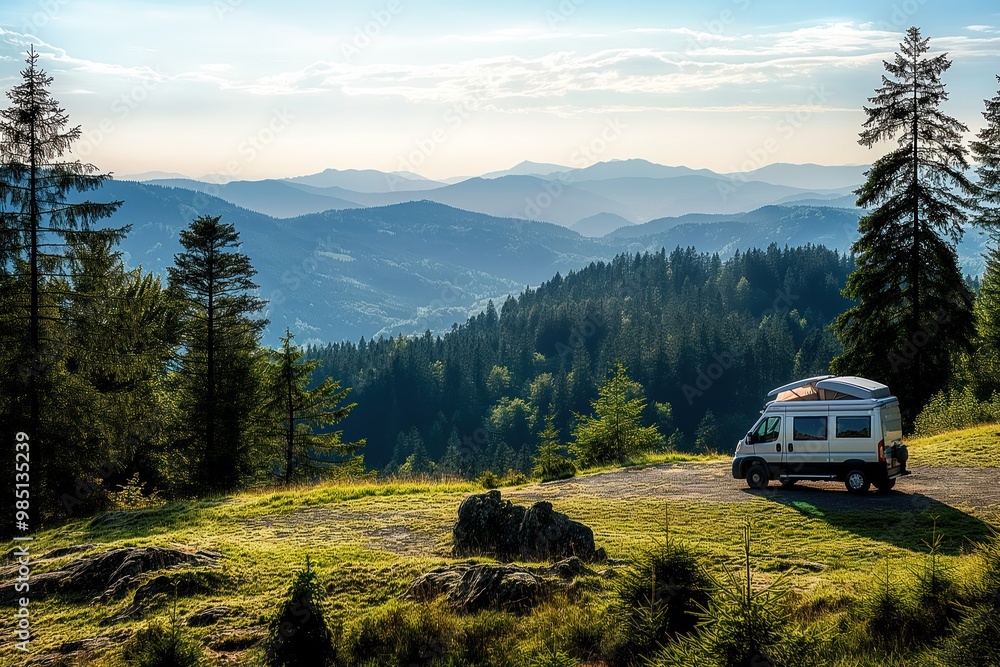 Campervan parked in a scenic Black Forest mountain landscape with wood ...