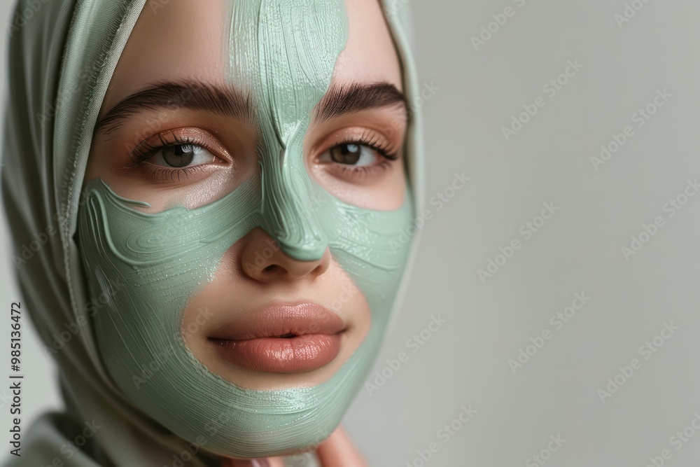 Middle Eastern model woman wears green mask, closes eyes in ...