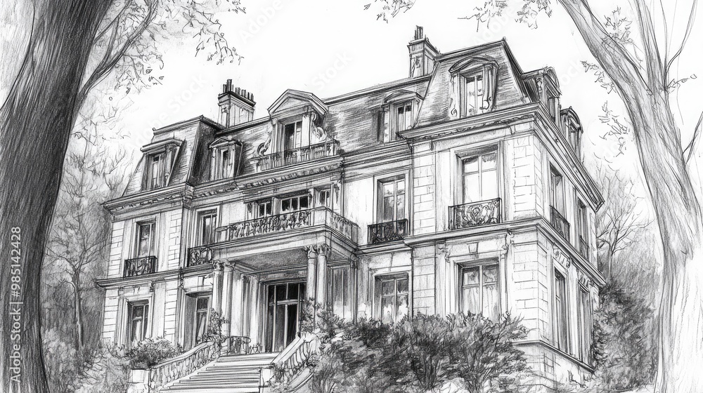 A pencil drawing of a grand, old mansion with a sprawling lawn, tall ...
