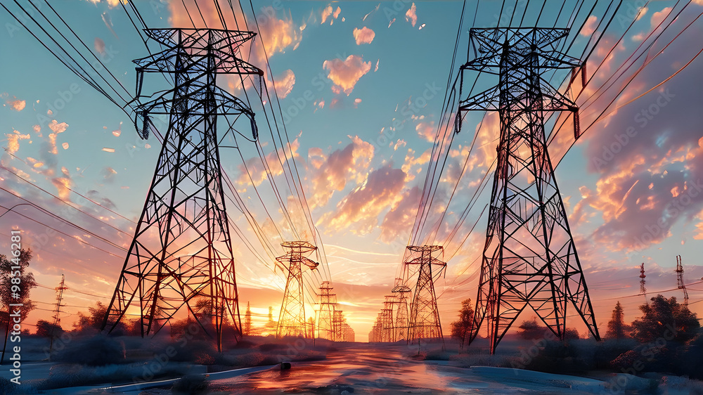High voltage power lines pylon towers for electric transmission ...
